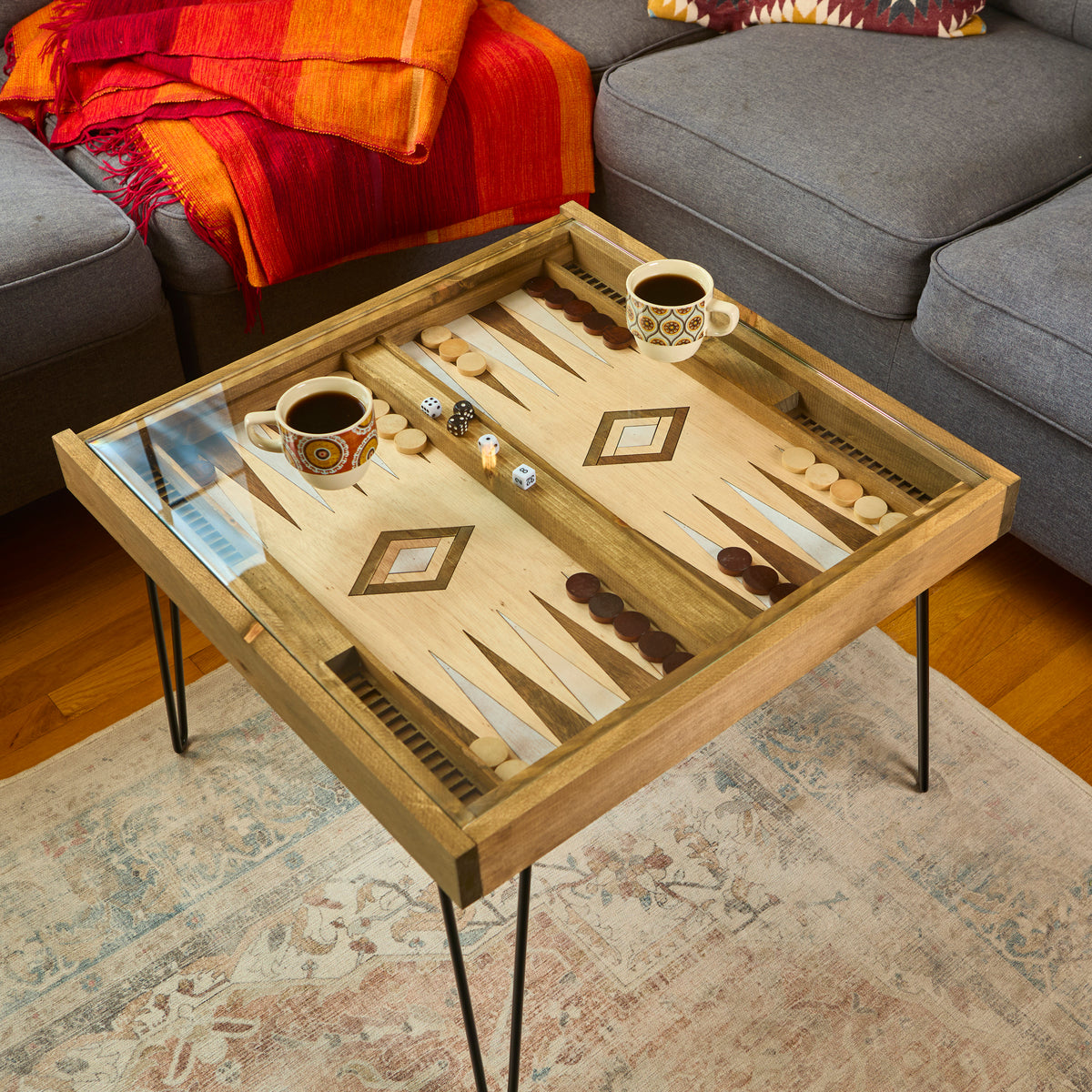Rustic Backgammon Coffee Table with removable glass top - 25x25" – Charles River Woodworks