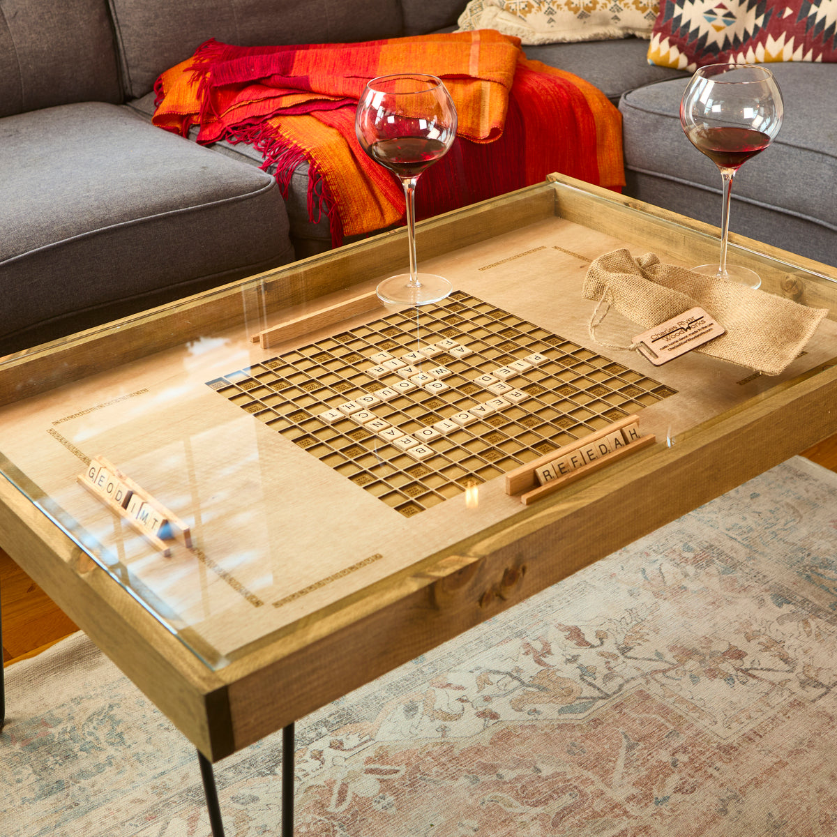 Rustic Scrabble Coffee Table with removable glass top - 25x37" - lette ...