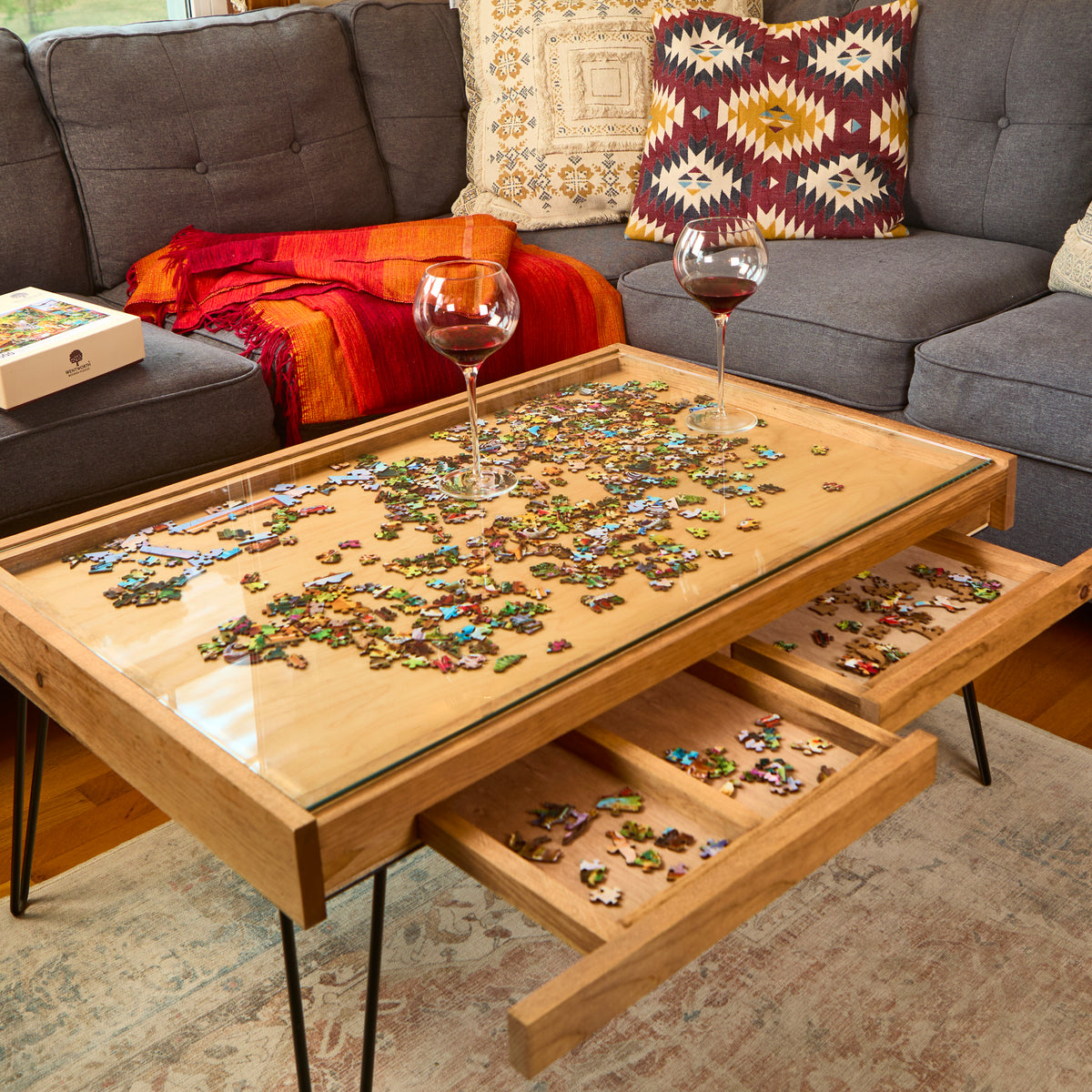 Rustic Puzzle Coffee Table with removable glass top - includes 2 hidde ...