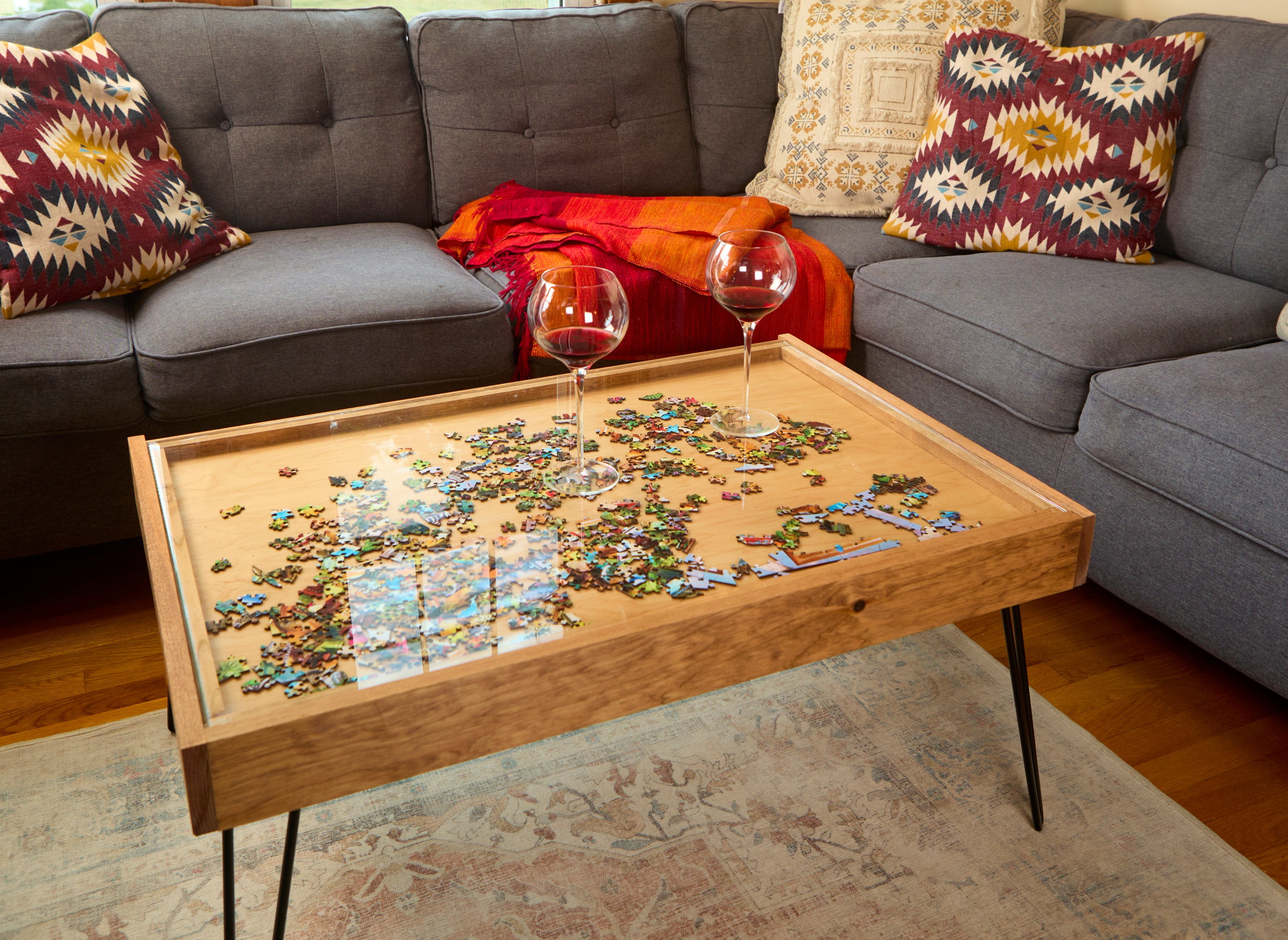 Rustic Puzzle Coffee Table with removable glass top - includes 2 hidde ...