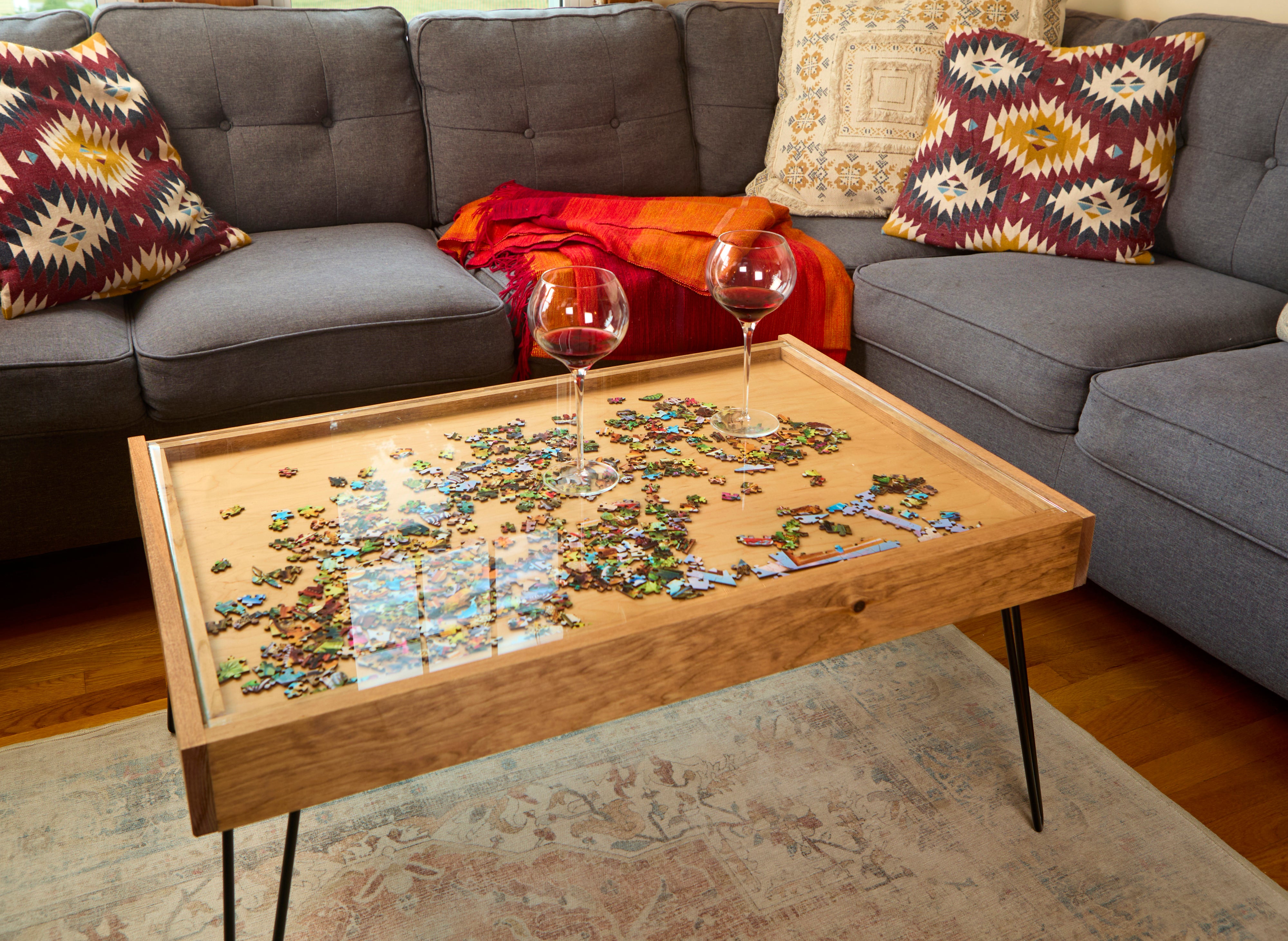 Rustic Puzzle Coffee Table with removable glass top - includes 2 hidde ...