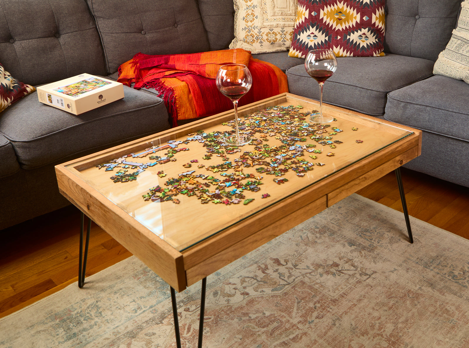 Rustic Puzzle Coffee Table with removable glass top - includes 2 hidde ...