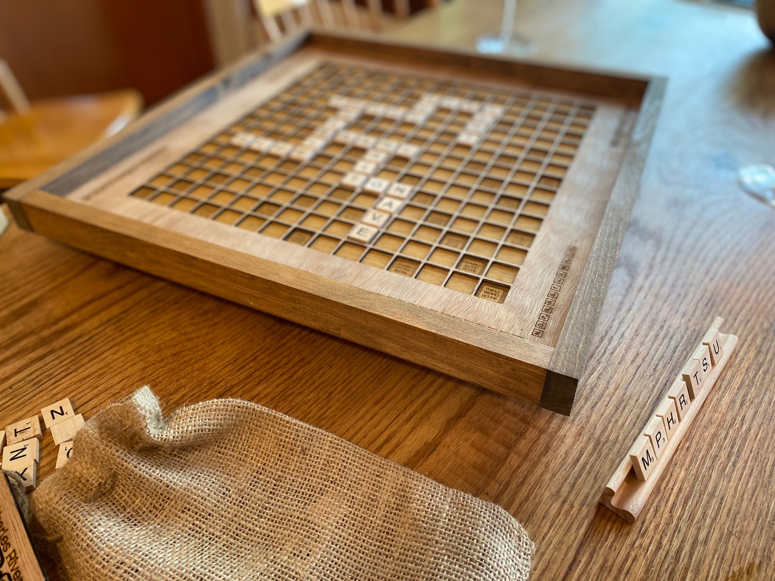 Rustic Wooden Scrabble Board with Rotating Lazy Susan - letter tiles a ...