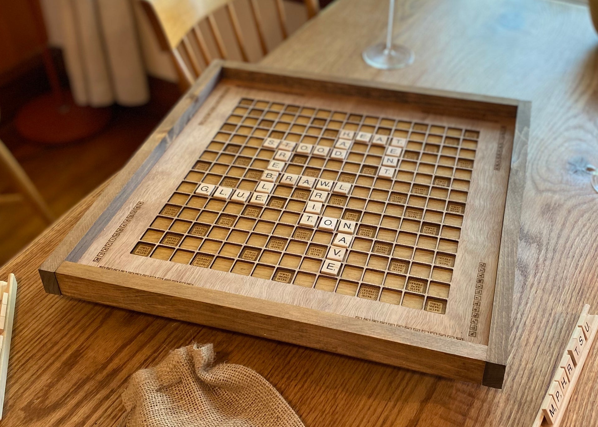 Rustic Wooden Scrabble Board with Rotating Lazy Susan - letter tiles a ...