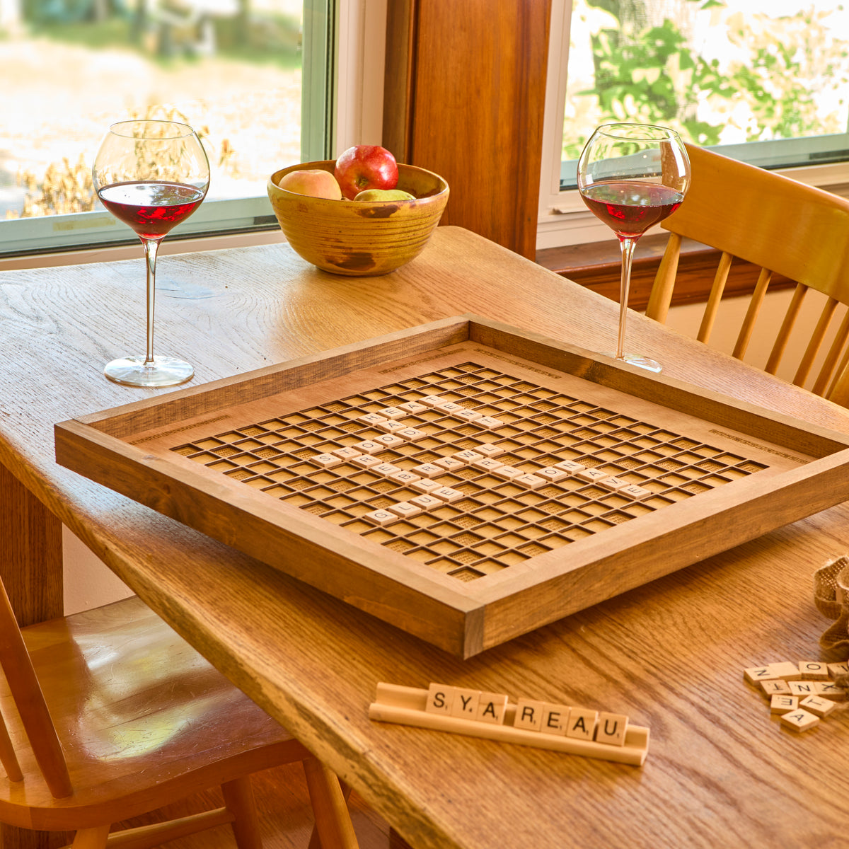 Rustic Wooden Scrabble Board with Rotating Lazy Susan - letter tiles a ...