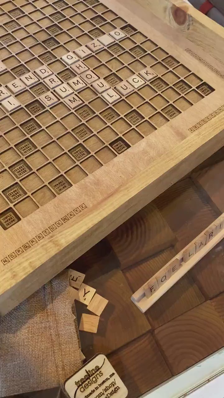 Rustic Wooden Scrabble Board with Rotating Lazy Susan - letter tiles a ...