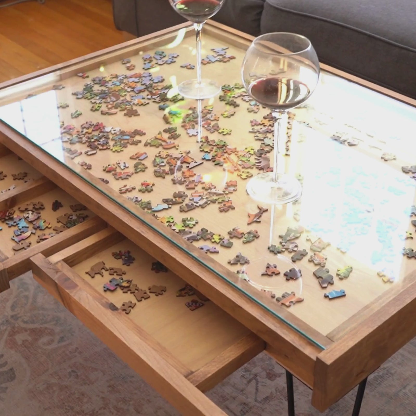 Rustic Puzzle Coffee Table with removable glass top - includes 2 hidde ...