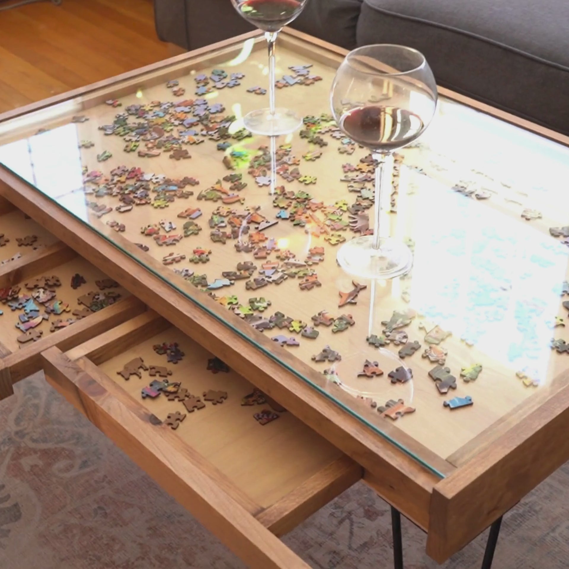 Rustic Puzzle Coffee Table with removable glass top - includes 2 hidde – Charles River Woodworks