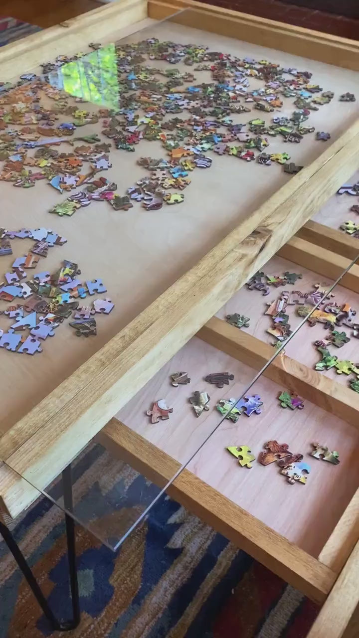 Rustic Puzzle Coffee Table with removable glass top - includes 2 hidde ...