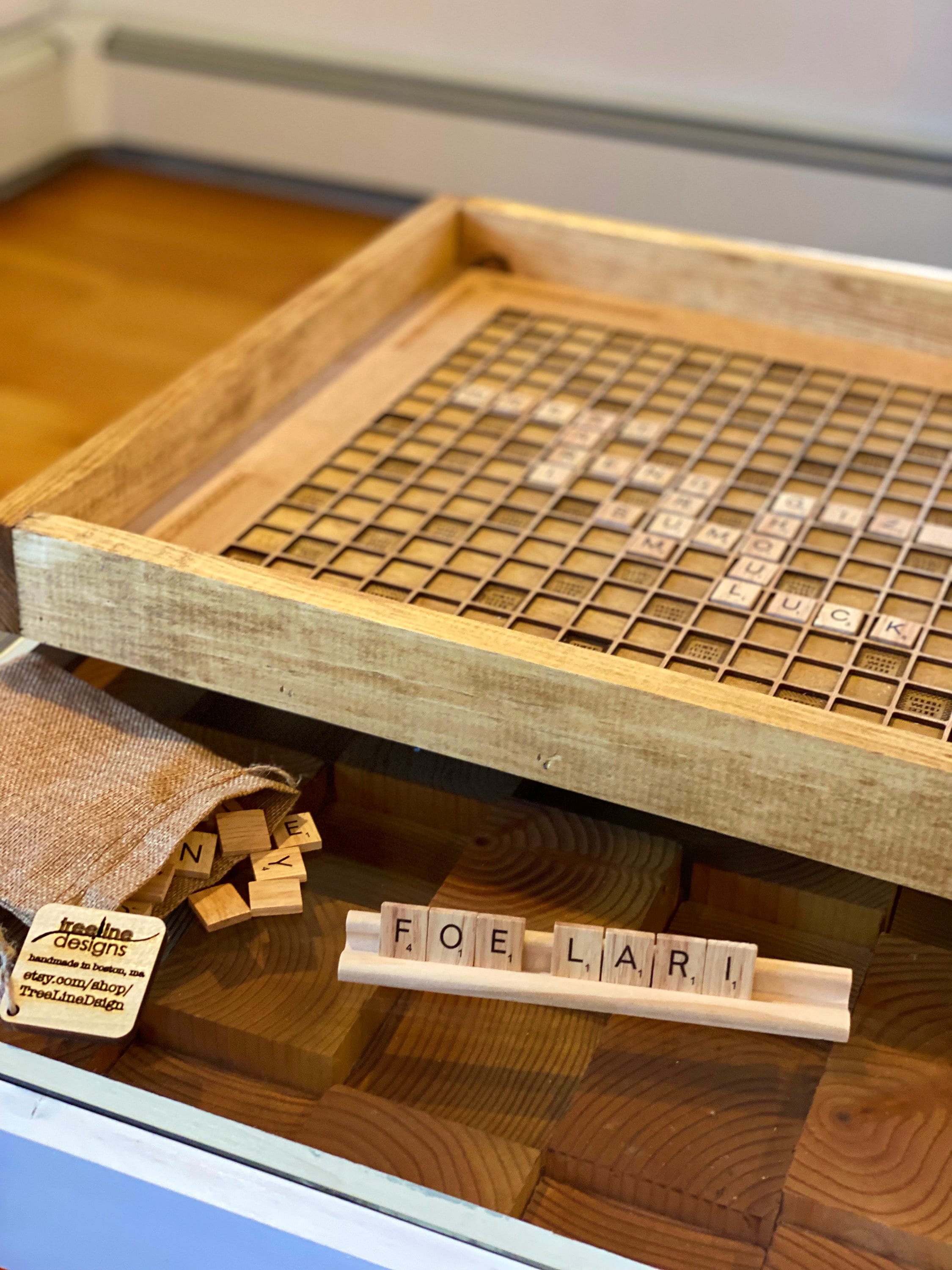 Rustic Wooden Scrabble Board with Rotating Lazy Susan - letter tiles a ...
