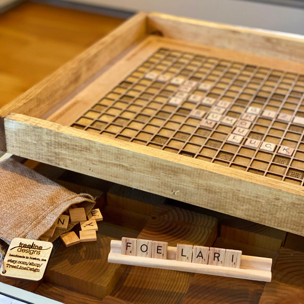 Rustic Wooden Scrabble Board with Rotating Lazy Susan - letter tiles a ...