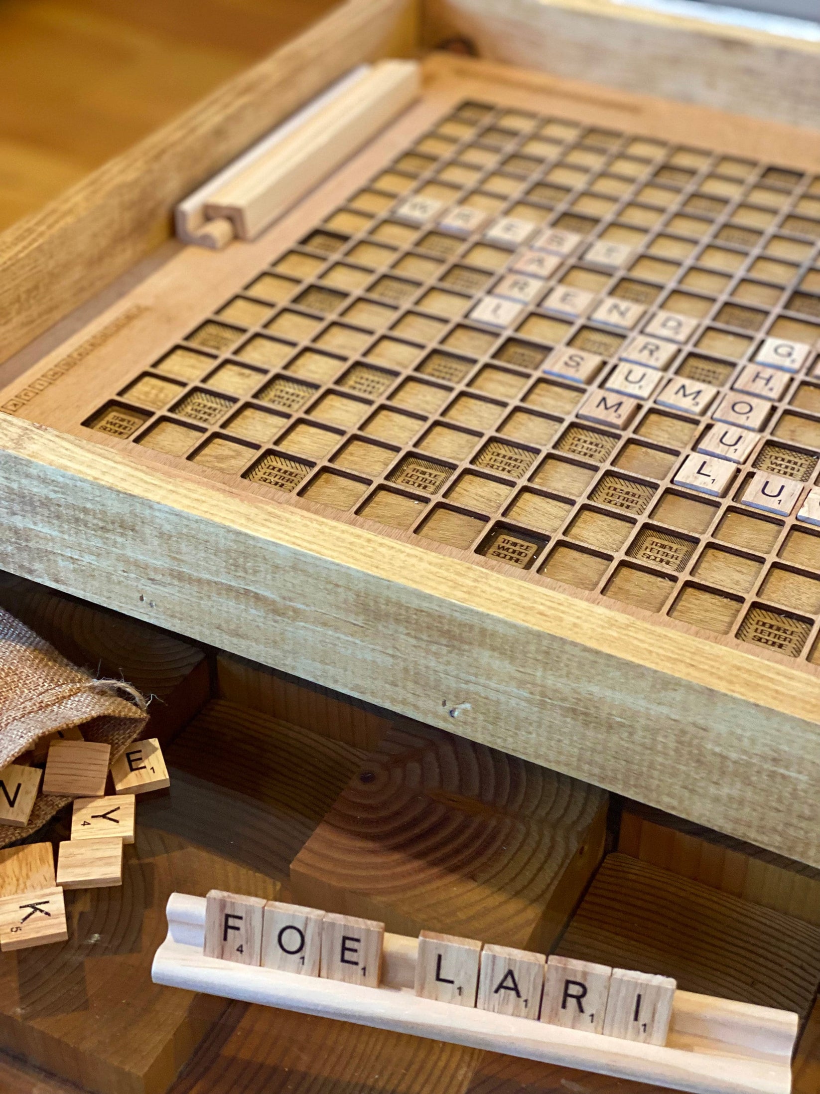 Rustic Wooden Scrabble Board with Rotating Lazy Susan - letter tiles a ...