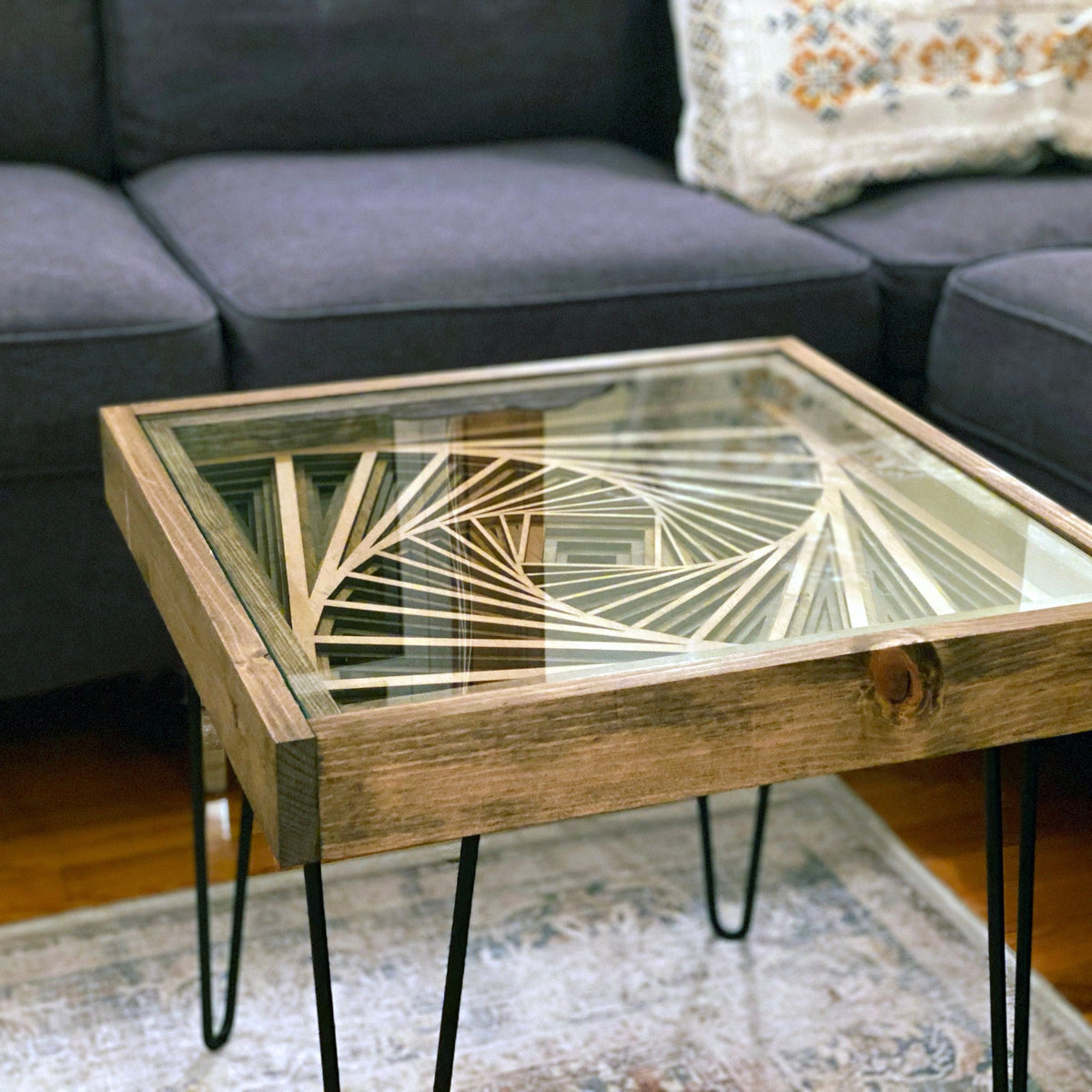 Rotating Geometric Vortex - End Table & Coffee Table with Rustic Wood ...
