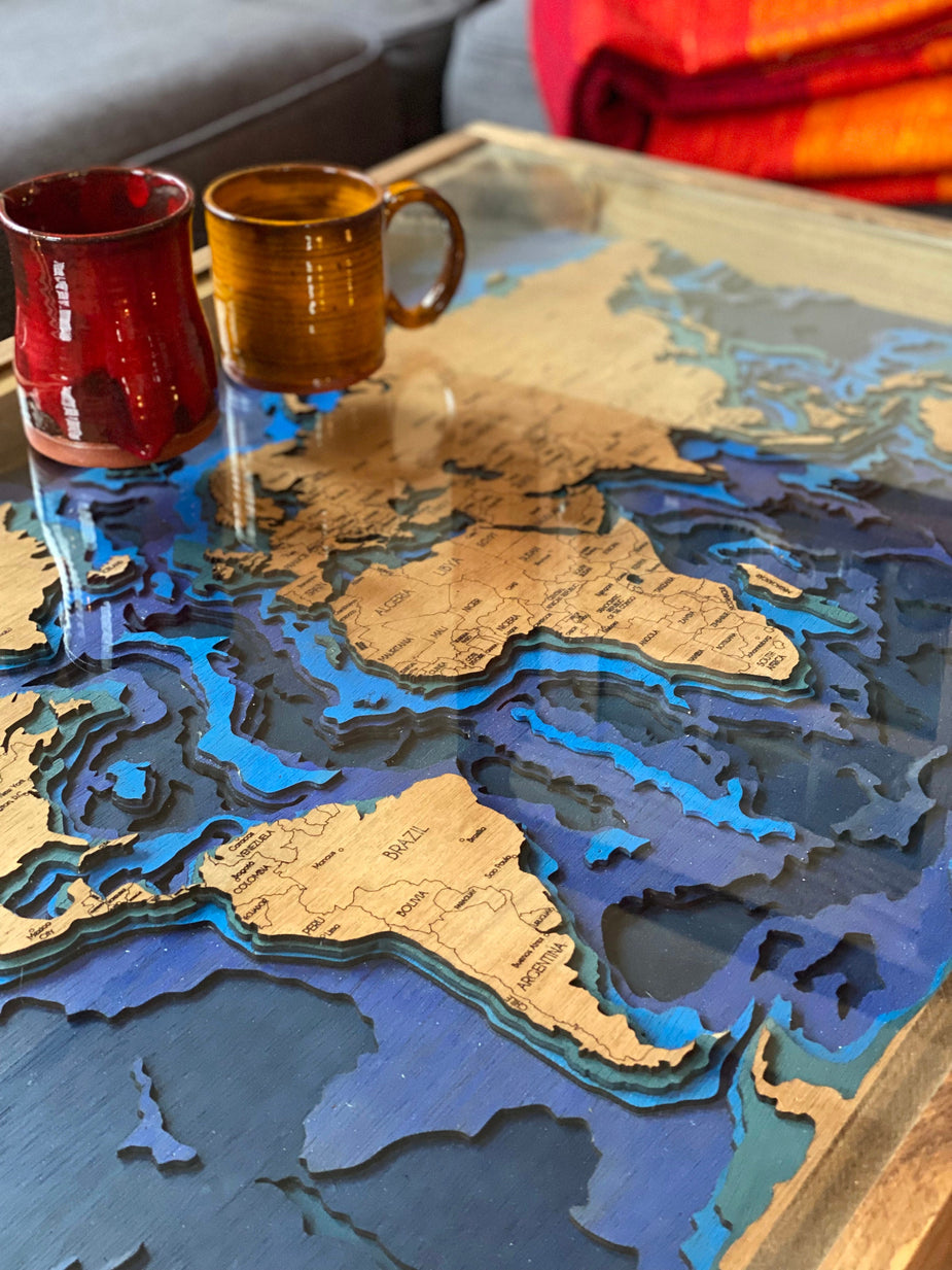 World Map Coffee Table with Ocean Bathymetric Layers - 24x36" – Charles River Woodworks